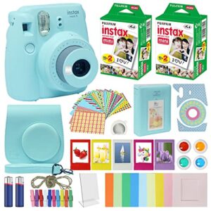 fuji instax mini 9 instant camera ice blue w/case + fuji instax film value pack (40 sheets) for fujifilm instax mini 9 camera + accessories, color filters, photo album, selfie lens + more