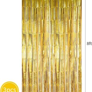 3Pcs Gold Metallic Tinsel Foil Fringe Curtains,3.2ft*8ft Gold Photo Booth Backdrop Streamer,Photo Booth Props,for Party Door Wall Curtains Bachelorette Birthday, Christmas,New Year Decorations