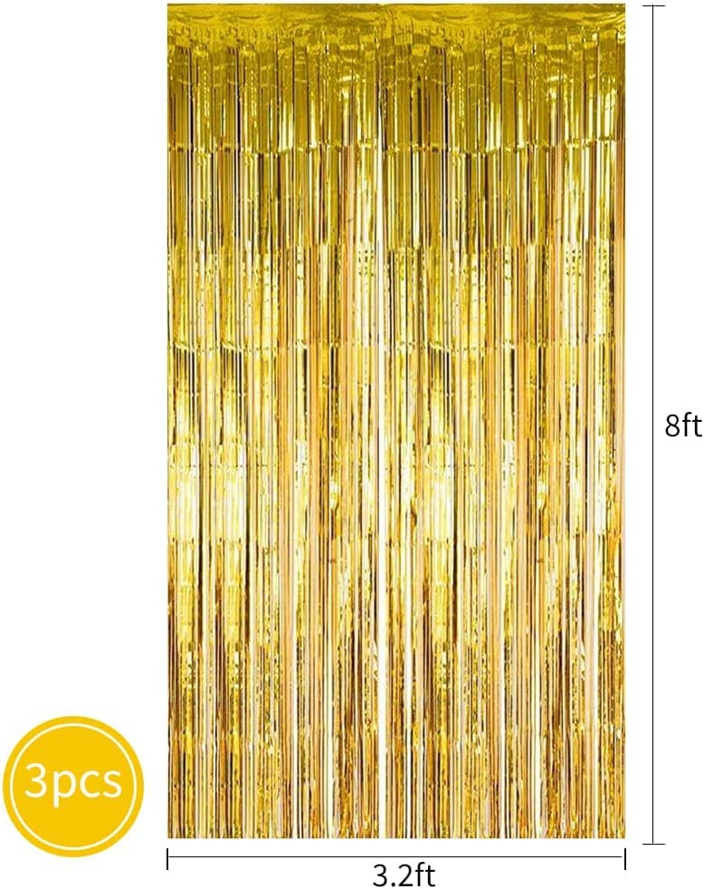 3Pcs Gold Metallic Tinsel Foil Fringe Curtains,3.2ft*8ft Gold Photo Booth Backdrop Streamer,Photo Booth Props,for Party Door Wall Curtains Bachelorette Birthday, Christmas,New Year Decorations