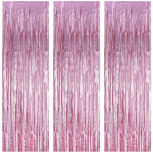 3 Pack Foil Curtains Metallic Foil Fringe Curtain for Birthday Party Photo Backdrop Wedding Event Decor (Pale Pink)