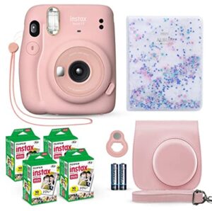 fujifilm instax mini 11 instant camera blush pink + fuji film value pack (40 sheets) + shutter accessories bundle, incl. compatible carrying case, selfie lens, quicksand beads photo album 64 pockets