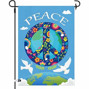 aokdeer peace garden flag, burlap double sided small peace sign flag 12×18 inch, world peace garden flag for outside, inspirational white dove seasonal yard flag, rainbow world outdoor flag decoration