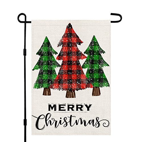 Christmas Tree Garden Flag 12 X 18 Inch Double Sided Burlap, Merry Christmas Sign Winter Holiday Yard Flag for Outside DF134