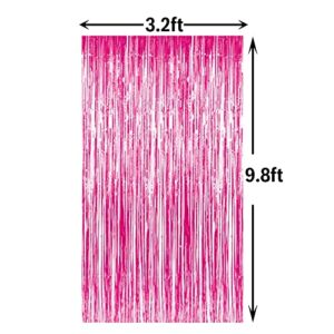 GOER 3.2 ft x 9.8 ft Metallic Tinsel Foil Fringe Curtains Party Photo Backdrop Party Streamers for Galentines Day,Birthday,Graduation,New Year Eve Decorations Wedding Decor (4 Packs,Hot Pink)