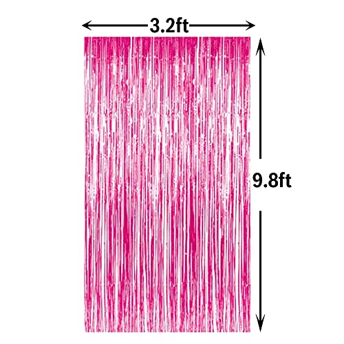 GOER 3.2 ft x 9.8 ft Metallic Tinsel Foil Fringe Curtains Party Photo Backdrop Party Streamers for Galentines Day,Birthday,Graduation,New Year Eve Decorations Wedding Decor (4 Packs,Hot Pink)