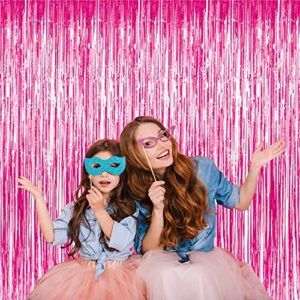 GOER 3.2 ft x 9.8 ft Metallic Tinsel Foil Fringe Curtains Party Photo Backdrop Party Streamers for Galentines Day,Birthday,Graduation,New Year Eve Decorations Wedding Decor (4 Packs,Hot Pink)