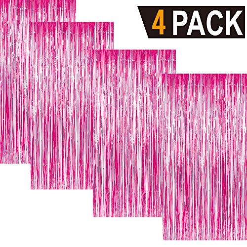 GOER 3.2 ft x 9.8 ft Metallic Tinsel Foil Fringe Curtains Party Photo Backdrop Party Streamers for Galentines Day,Birthday,Graduation,New Year Eve Decorations Wedding Decor (4 Packs,Hot Pink)