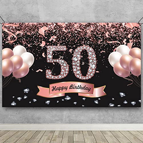 Trgowaul 50th Birthday Decorations for Women - Rose Gold Happy 50th Birthday Banner Backdrop 5.9 X 3.6 Fts Photography Background 50th Birthday Party Suppiles Gifts for Women