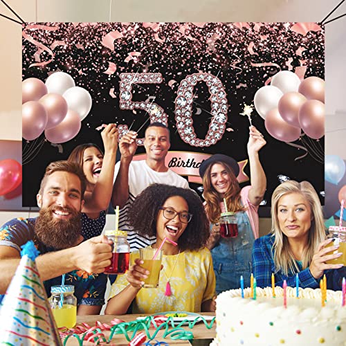 Trgowaul 50th Birthday Decorations for Women - Rose Gold Happy 50th Birthday Banner Backdrop 5.9 X 3.6 Fts Photography Background 50th Birthday Party Suppiles Gifts for Women