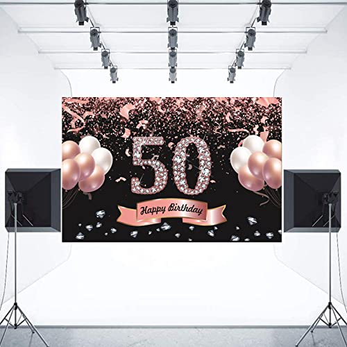 Trgowaul 50th Birthday Decorations for Women - Rose Gold Happy 50th Birthday Banner Backdrop 5.9 X 3.6 Fts Photography Background 50th Birthday Party Suppiles Gifts for Women