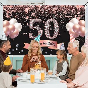 Trgowaul 50th Birthday Decorations for Women - Rose Gold Happy 50th Birthday Banner Backdrop 5.9 X 3.6 Fts Photography Background 50th Birthday Party Suppiles Gifts for Women