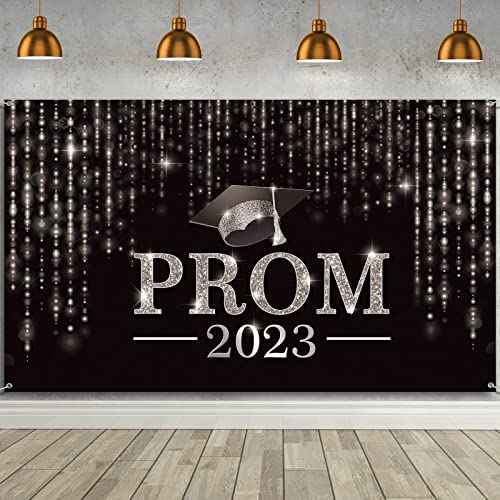 Prom Night Party 2023 Backdrop Prom Background Banner Photo Props Congrats Backdrop Graduate Prom Decorations for Graduation Celebration Prom Party Indoor Outdoor, 73 x 43 Inch (Silver)