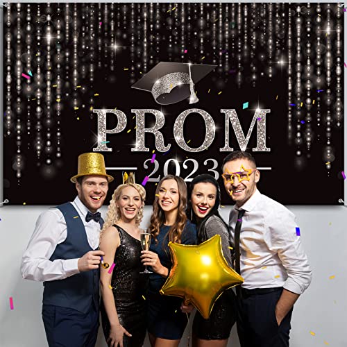 Prom Night Party 2023 Backdrop Prom Background Banner Photo Props Congrats Backdrop Graduate Prom Decorations for Graduation Celebration Prom Party Indoor Outdoor, 73 x 43 Inch (Silver)