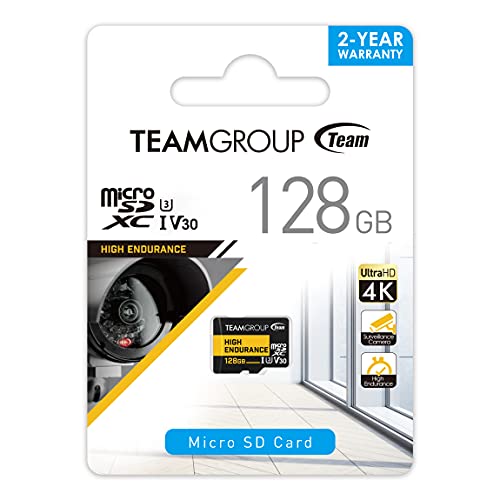 TEAMGROUP HIGH ENDURANCE 128GB Micro SDXC UHS-I U3 V30 4K 100MB/s(Designed for Monitoring) Stable Durable Long Lasting Flash Memory Card for Security Camera,4K&Full HD video recording THUSDX128GIV3002