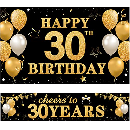 2Pcs 30th Birthday Banner Backdrop Decorations for Men Women, Black Gold Happy 30th Birthday Cheers to 30 Years Yard Banner Sign Party Supplies, Thirty Year Old Birthday Decor for Indoor Outdoor