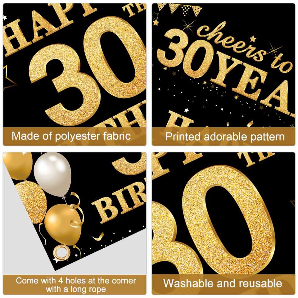 2Pcs 30th Birthday Banner Backdrop Decorations for Men Women, Black Gold Happy 30th Birthday Cheers to 30 Years Yard Banner Sign Party Supplies, Thirty Year Old Birthday Decor for Indoor Outdoor