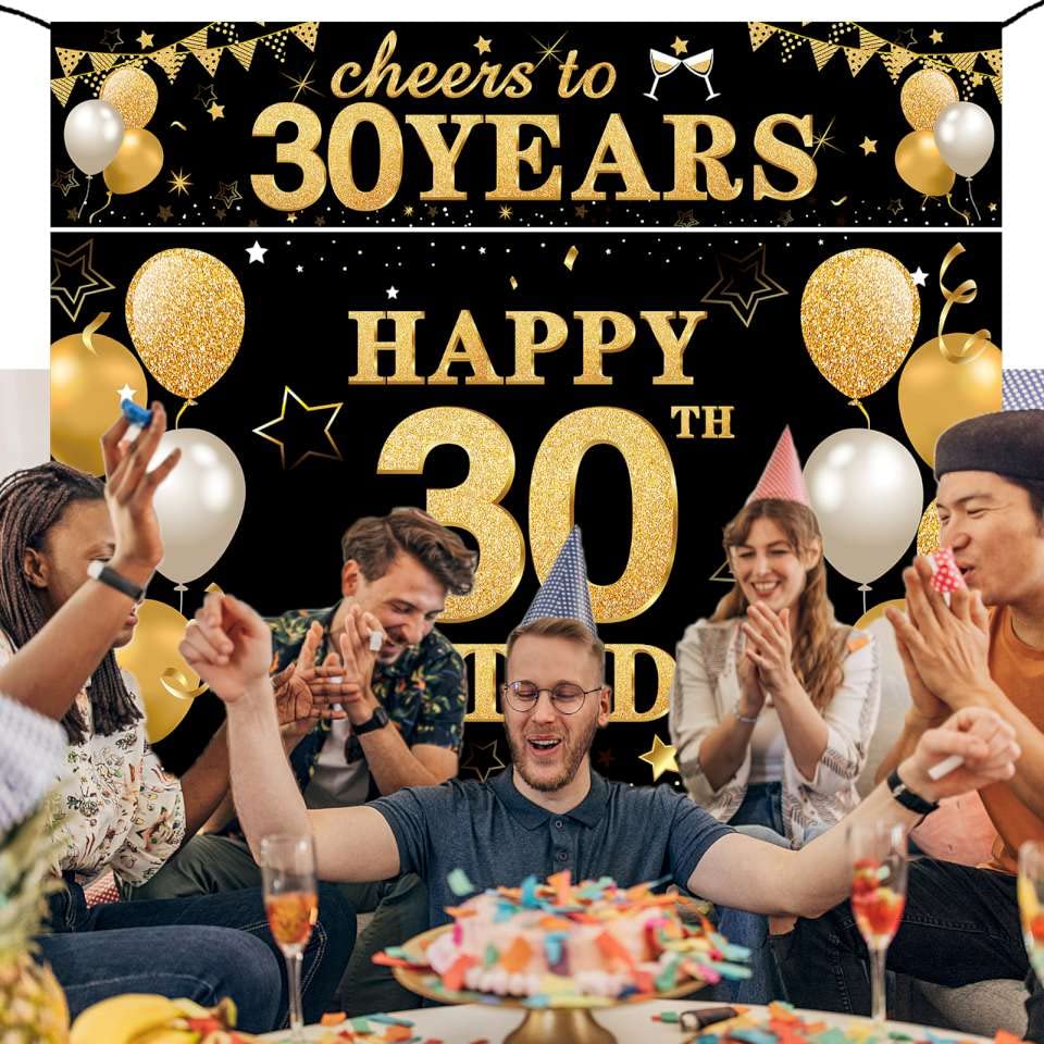 2Pcs 30th Birthday Banner Backdrop Decorations for Men Women, Black Gold Happy 30th Birthday Cheers to 30 Years Yard Banner Sign Party Supplies, Thirty Year Old Birthday Decor for Indoor Outdoor