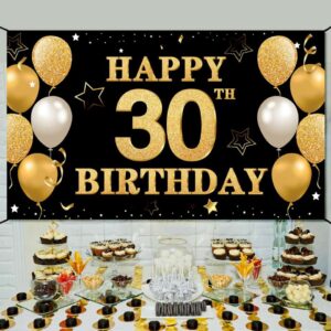 2Pcs 30th Birthday Banner Backdrop Decorations for Men Women, Black Gold Happy 30th Birthday Cheers to 30 Years Yard Banner Sign Party Supplies, Thirty Year Old Birthday Decor for Indoor Outdoor