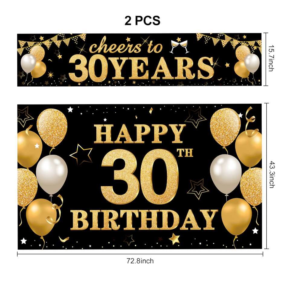 2Pcs 30th Birthday Banner Backdrop Decorations for Men Women, Black Gold Happy 30th Birthday Cheers to 30 Years Yard Banner Sign Party Supplies, Thirty Year Old Birthday Decor for Indoor Outdoor