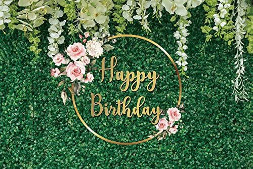 Greenery Happy Birthday Backdrop for Women Girls Flower Green Grass Backdrop Wall for Party Birthday Background Photography for Photoshoot Banner Decoration 7x5ft