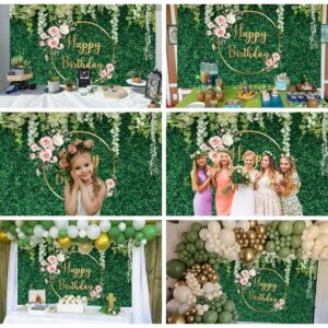 Greenery Happy Birthday Backdrop for Women Girls Flower Green Grass Backdrop Wall for Party Birthday Background Photography for Photoshoot Banner Decoration 7x5ft