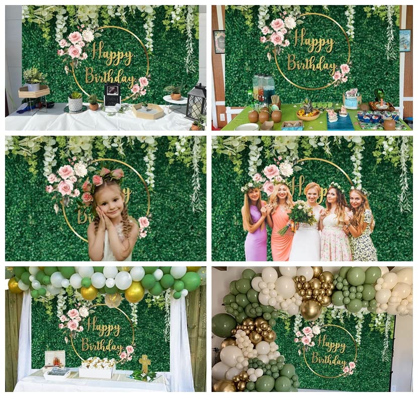 Greenery Happy Birthday Backdrop for Women Girls Flower Green Grass Backdrop Wall for Party Birthday Background Photography for Photoshoot Banner Decoration 7x5ft