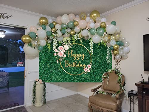 Greenery Happy Birthday Backdrop for Women Girls Flower Green Grass Backdrop Wall for Party Birthday Background Photography for Photoshoot Banner Decoration 7x5ft