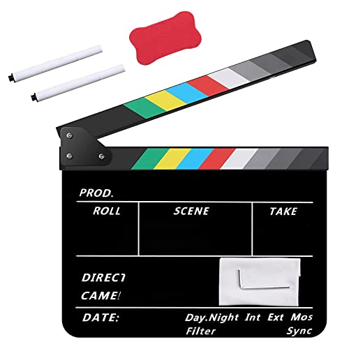 Temery Acrylic Film Clapper Board -12 x 10in Plastic Movie Film Clap Board, Movie Theater Decor Clapboard with a Magnetic Blackboard Eraser, Two Custom Pens, Cleaning Cloth and Hexagonal Wrench