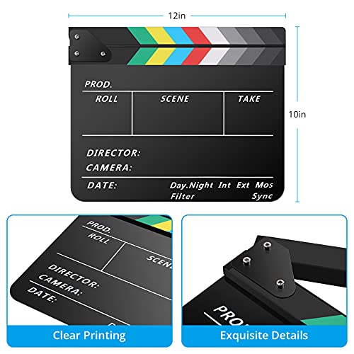 Temery Acrylic Film Clapper Board -12 x 10in Plastic Movie Film Clap Board, Movie Theater Decor Clapboard with a Magnetic Blackboard Eraser, Two Custom Pens, Cleaning Cloth and Hexagonal Wrench