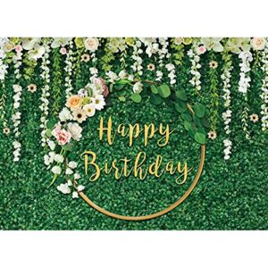 maijoeyy 7x5ft green happy birthday backdrop green grass birthday backdrop for women green leaves white flower birthday backdrops for party birthday decorations