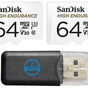 2-Pack SanDisk High Endurance Video Monitoring MicroSD MicroSDHC Card with Adapter 64GB (SDSDQQ-064G-2PK-R4BK) Bundle with Everything But Stromboli Memory Card Reader