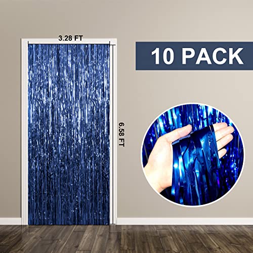 10 Pack Foil Curtain Backdrop Blue Metallic Tinsel Foil Fringe Curtains Photo Booth Props for Birthday Wedding Engagement Baby Shower Bachelorette Christmas Holiday Celebration Party Decorations