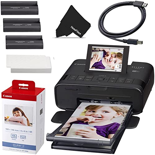 Canon SELPHY CP1300 Desktop or Portable Inkjet Laser Wireless Compact (4x6 Label) Photo Printer (Black) Canon KP-108IN Color Ink Paper Set | Includes USB Printer Cable Gentle Cleaning Cloth