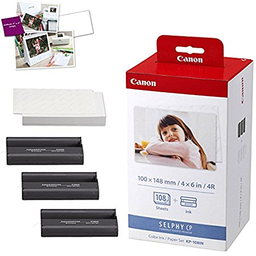 Canon SELPHY CP1300 Desktop or Portable Inkjet Laser Wireless Compact (4x6 Label) Photo Printer (Black) Canon KP-108IN Color Ink Paper Set | Includes USB Printer Cable Gentle Cleaning Cloth