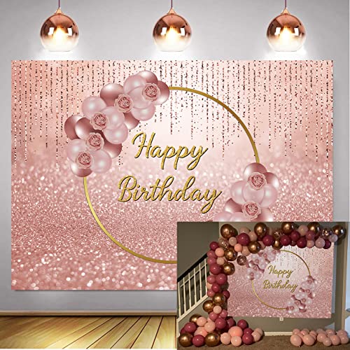 Pink Rose Gold Happy Birthday Photography Backdrop Glitter Sparkle Balloon Women Sweet Princess Girl Women Birthday Party Photo Background Dessert Cake Table Decor Props(7x5FT)