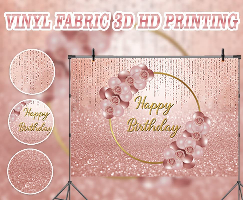 Pink Rose Gold Happy Birthday Photography Backdrop Glitter Sparkle Balloon Women Sweet Princess Girl Women Birthday Party Photo Background Dessert Cake Table Decor Props(7x5FT)