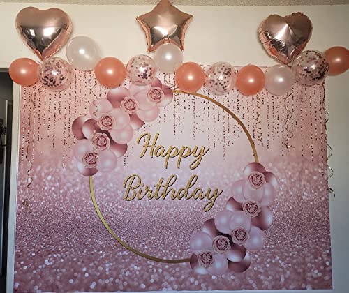 Pink Rose Gold Happy Birthday Photography Backdrop Glitter Sparkle Balloon Women Sweet Princess Girl Women Birthday Party Photo Background Dessert Cake Table Decor Props(7x5FT)