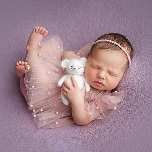 Pink Lace Newborn Photography Outfits Girl Newborn Photography Props Pearl Lace Rompers Newborn Girl Lace Romper Photoshoot Outfits Baby Photo Props (Short Sleeve, Pink, 0-2Months)