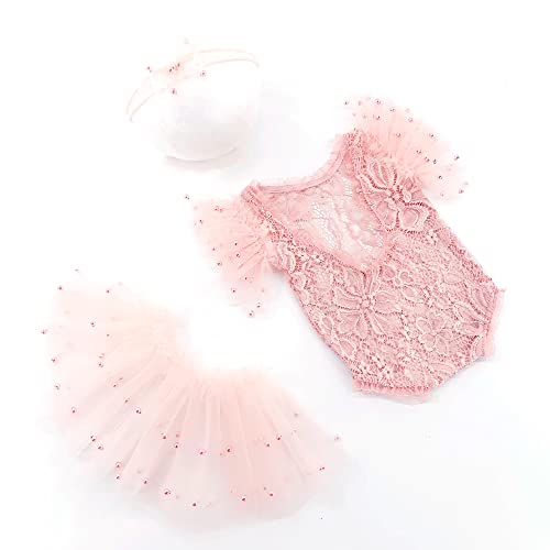 Pink Lace Newborn Photography Outfits Girl Newborn Photography Props Pearl Lace Rompers Newborn Girl Lace Romper Photoshoot Outfits Baby Photo Props (Short Sleeve, Pink, 0-2Months)