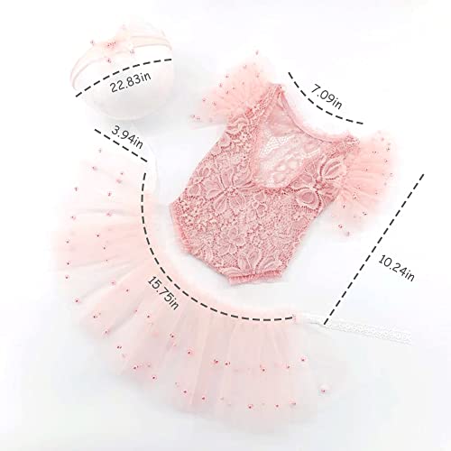 Pink Lace Newborn Photography Outfits Girl Newborn Photography Props Pearl Lace Rompers Newborn Girl Lace Romper Photoshoot Outfits Baby Photo Props (Short Sleeve, Pink, 0-2Months)