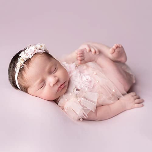 Pink Lace Newborn Photography Outfits Girl Newborn Photography Props Pearl Lace Rompers Newborn Girl Lace Romper Photoshoot Outfits Baby Photo Props (Short Sleeve, Pink, 0-2Months)