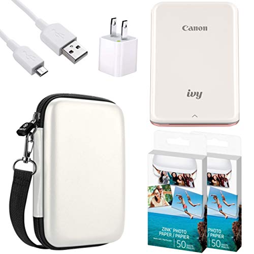 Canon IVY Mobile Instant Mini Photo Pocket Printer through Bluetooth, Portable, Rose Gold, Includes 2x3” Zink Photo Paper Sticker (100 Sheets), Protective case and USB Charging Cable with Wall Adapter