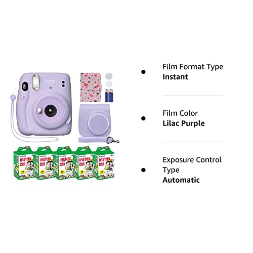 Fujifilm Instax Mini 11 Instant Camera Lilac Purple + Custom Case + Fuji Instax Film Value Pack (50 Sheets) Flamingo Designer Photo Album for Fuji instax Mini 11 Photos