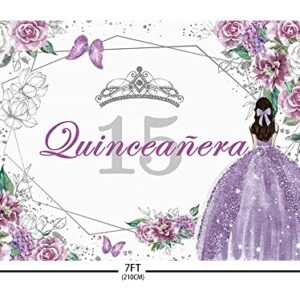 Sendy 7x5ft Quinceanera 15th Birthday Backdrop for Sweet Girl Mis Quince Anos 15th Party Decorations Purple Silver Glitter Floral Crown Butterfly Banner Photography Background Cake Table Prop