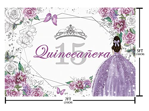 Sendy 7x5ft Quinceanera 15th Birthday Backdrop for Sweet Girl Mis Quince Anos 15th Party Decorations Purple Silver Glitter Floral Crown Butterfly Banner Photography Background Cake Table Prop