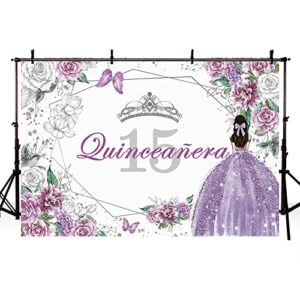 Sendy 7x5ft Quinceanera 15th Birthday Backdrop for Sweet Girl Mis Quince Anos 15th Party Decorations Purple Silver Glitter Floral Crown Butterfly Banner Photography Background Cake Table Prop