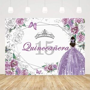 Sendy 7x5ft Quinceanera 15th Birthday Backdrop for Sweet Girl Mis Quince Anos 15th Party Decorations Purple Silver Glitter Floral Crown Butterfly Banner Photography Background Cake Table Prop