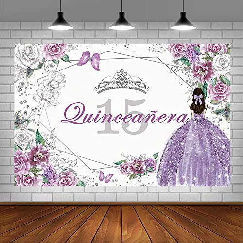 Sendy 7x5ft Quinceanera 15th Birthday Backdrop for Sweet Girl Mis Quince Anos 15th Party Decorations Purple Silver Glitter Floral Crown Butterfly Banner Photography Background Cake Table Prop