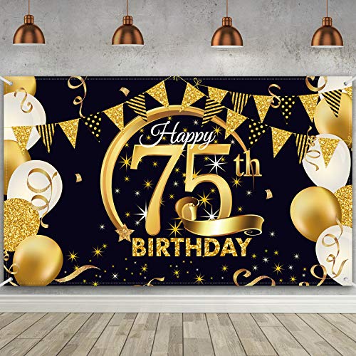 Birthday Party Decoration Extra Large Fabric Black Gold Sign Poster for Anniversary Photo Booth Backdrop Background Banner, Birthday Party Supplies, 72.8 x 43.3 Inch (75th)