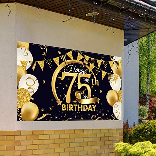 Birthday Party Decoration Extra Large Fabric Black Gold Sign Poster for Anniversary Photo Booth Backdrop Background Banner, Birthday Party Supplies, 72.8 x 43.3 Inch (75th)